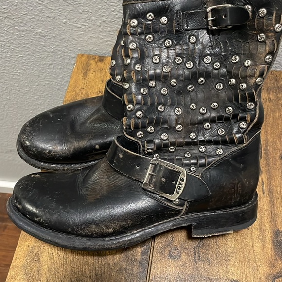Frye | Shoes | Frye Jenna Studded Distressed Black Leather Short Boot ...